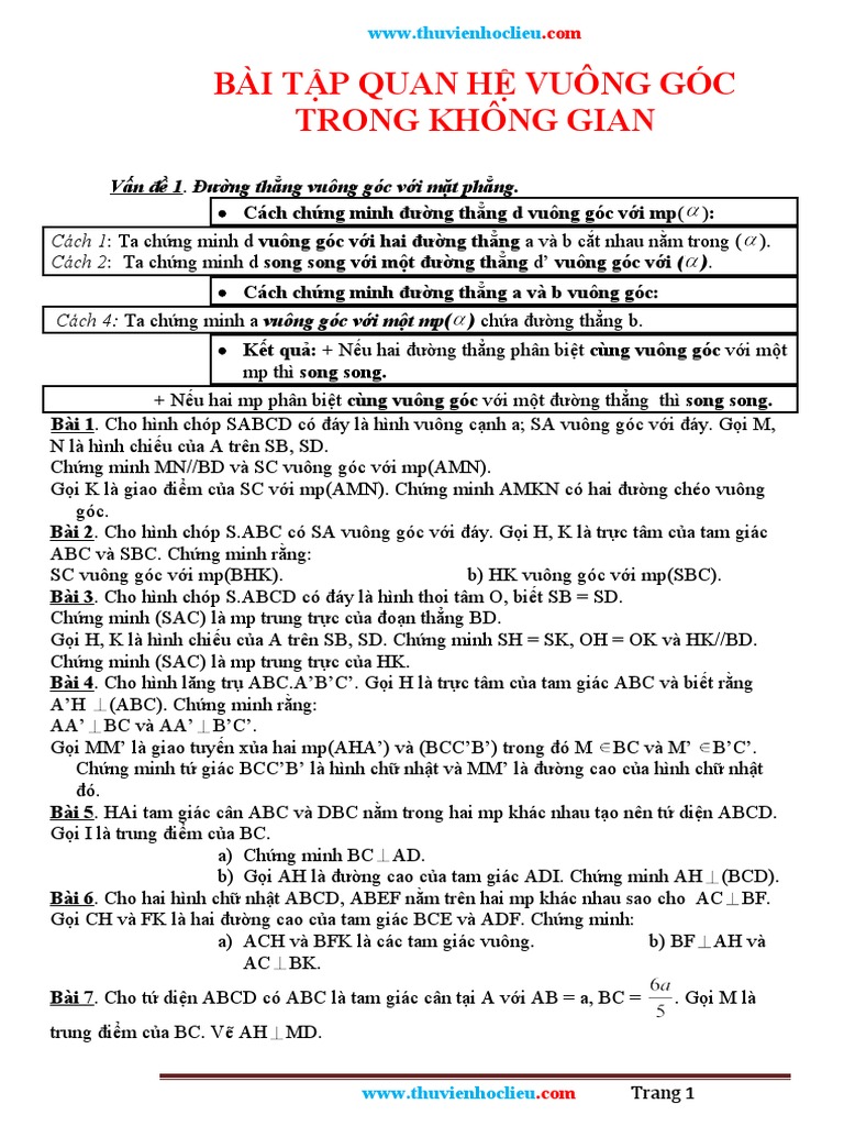 Bai Tap Quan He Vuong Goc Trong Khong Gian | PDF