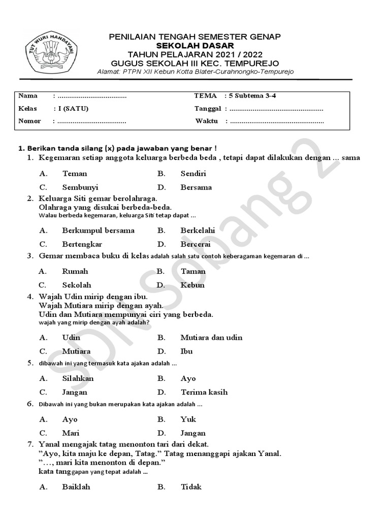 PTS KELAS 1 - Tema 5 Subtema 3 - 4 - Kamimadrasah | PDF