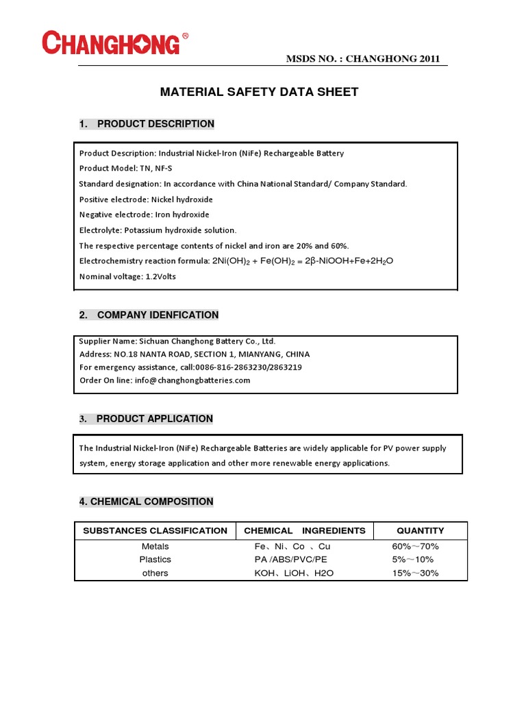 Industrial NiFe Battery MSDS Guide | PDF | Rechargeable Battery ...