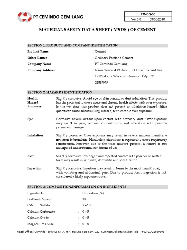 MSDS of Ordinary Portland Cement | PDF | Personal Protective Equipment ...