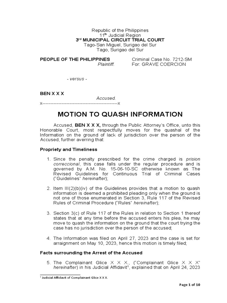 Motion-to-Quash-based-on-Illegal-Arrest | PDF | Arrest | Arrest Warrant