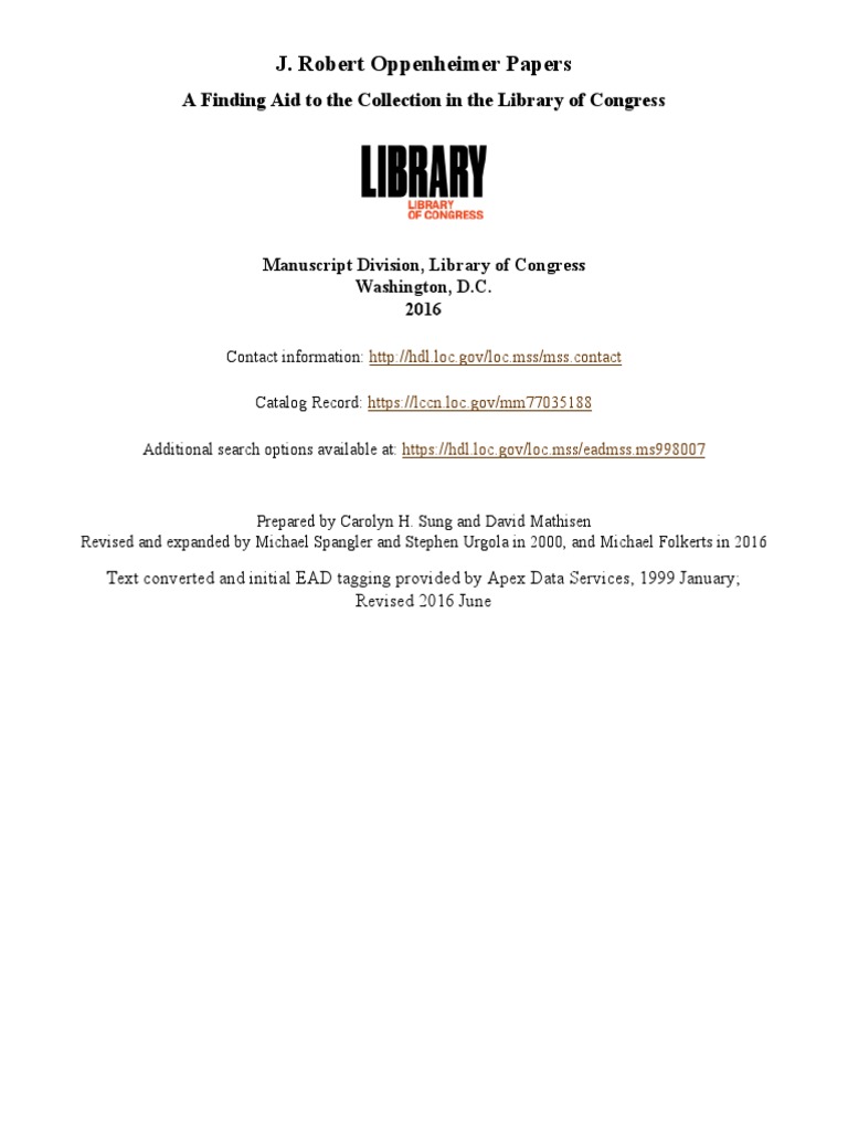 J Robert Oppenheimer Papers Ms998007 | PDF | Niels Bohr