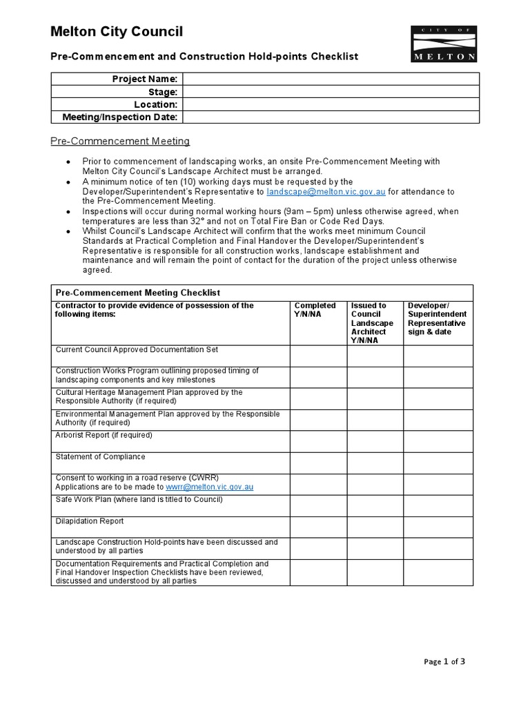 MCC Landscape Pre Commencement and Construction Hold Points | PDF