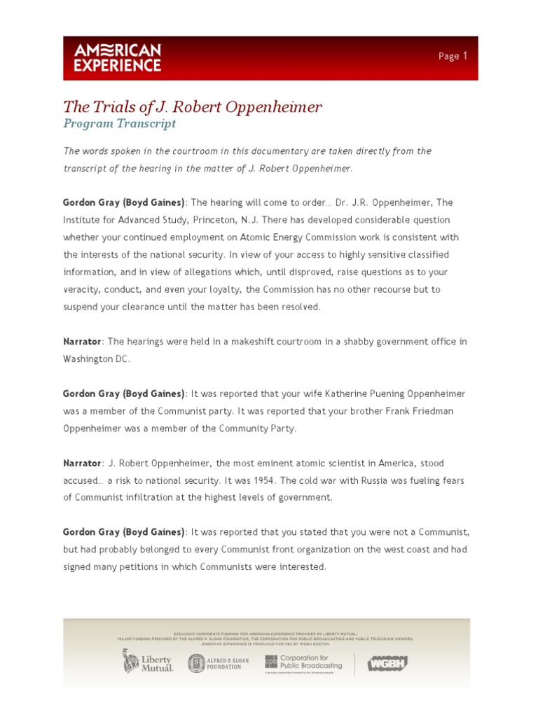 Oppenheimer's 1954 Security Hearing Transcript | PDF | Physics ...