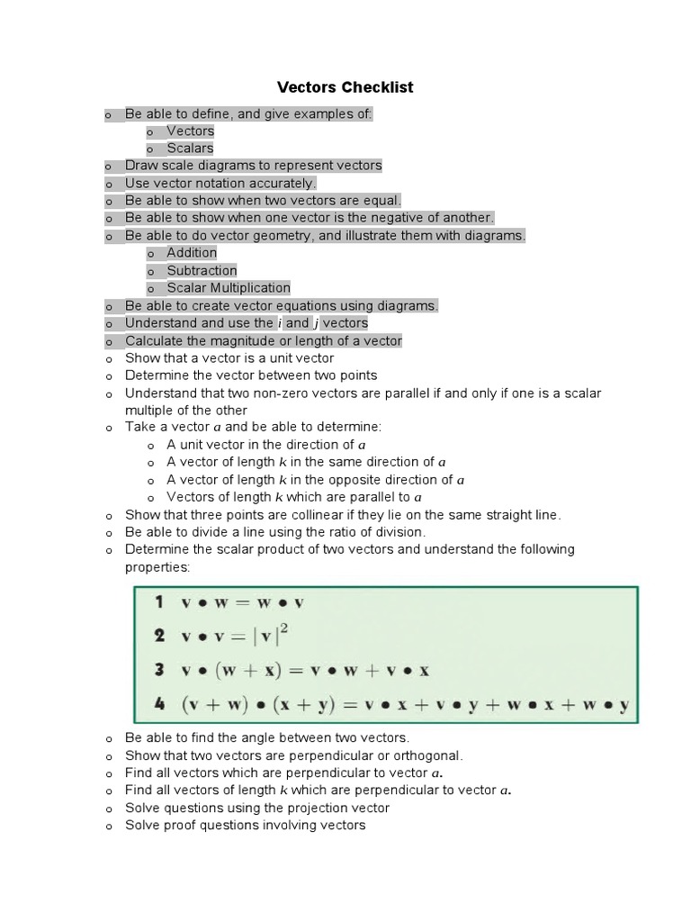 Vectors Checklist Pdf