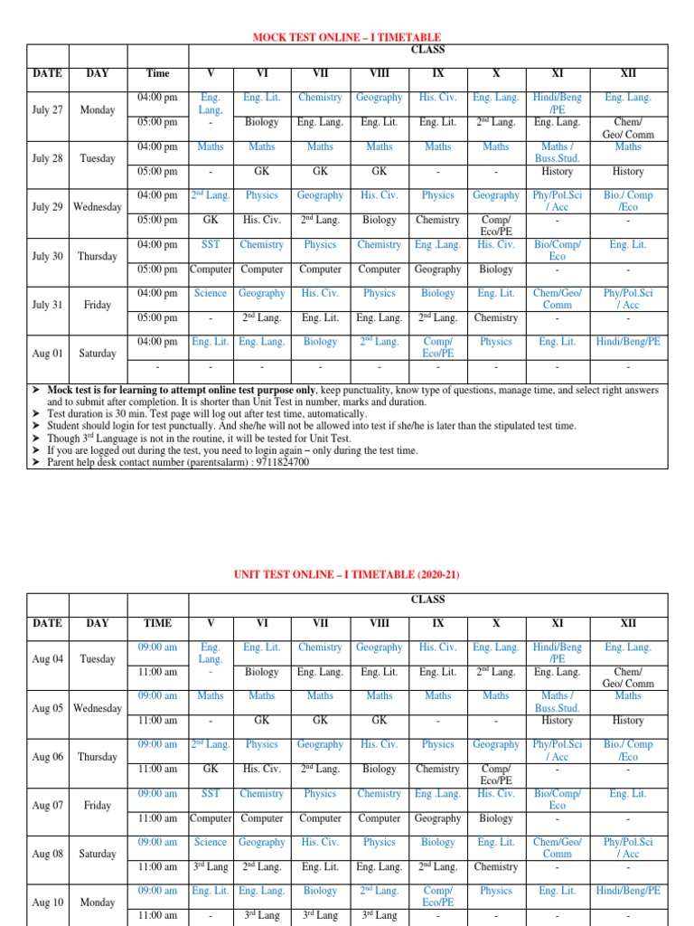 V XII Mock & Unit Test I 2020 21timetable | PDF | Nature | Observation