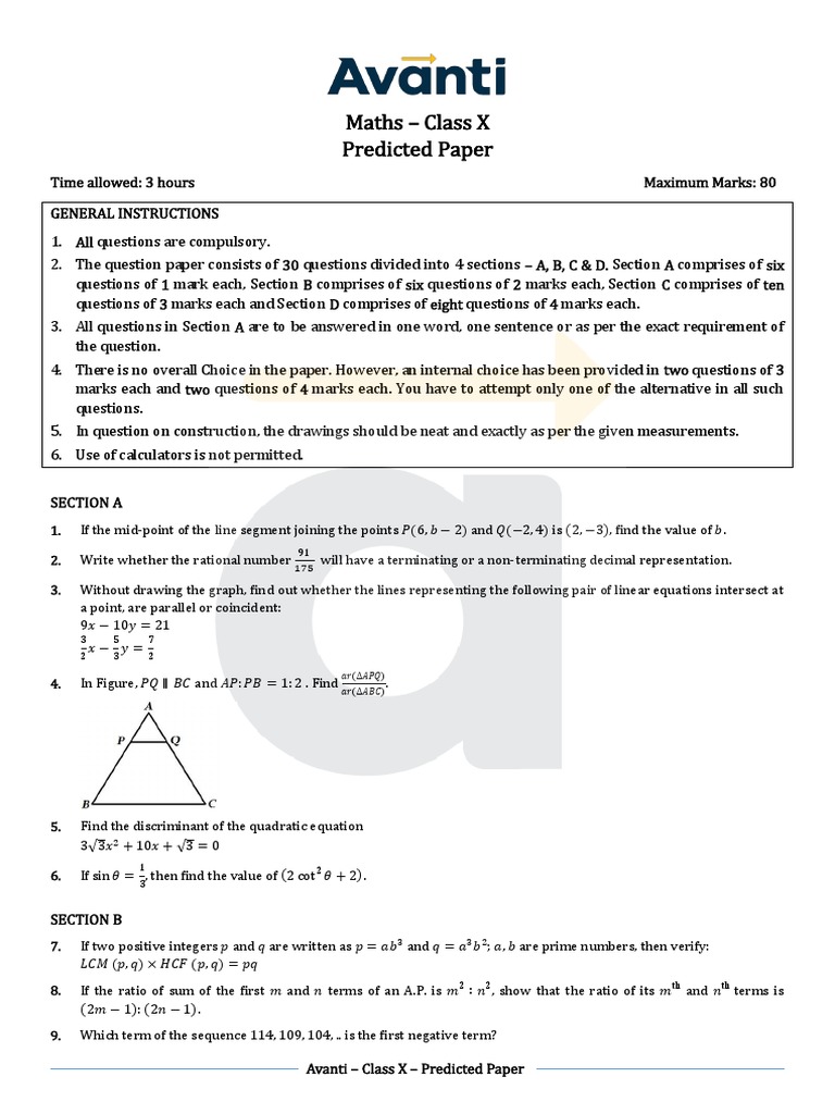 CBSE Class 10 Math Predicted Paper | PDF | Trigonometric Functions | Mathematics