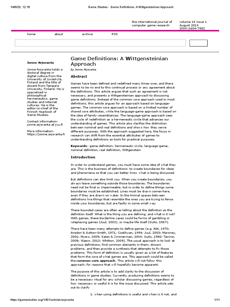 Game Studies - Game Definitions_ A Wittgensteinian Approach | PDF ...