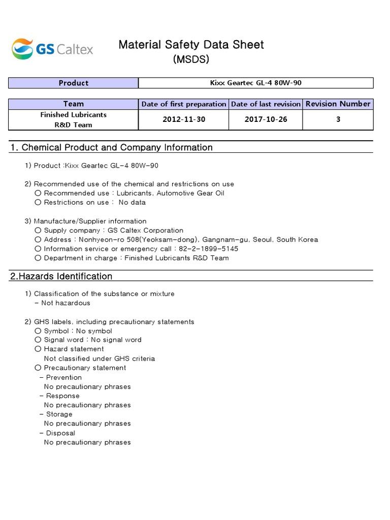 MSDS Kixx Geartec GL 4 80W 90 - ENG | PDF | Dangerous Goods | Toxicity