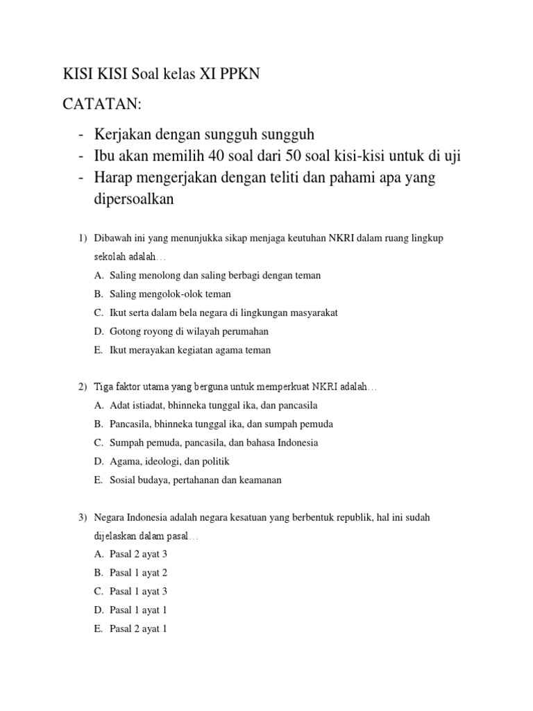 Kisi Kisi Kelas Xi PPKN (Semester 2 Tahun 2023) | PDF