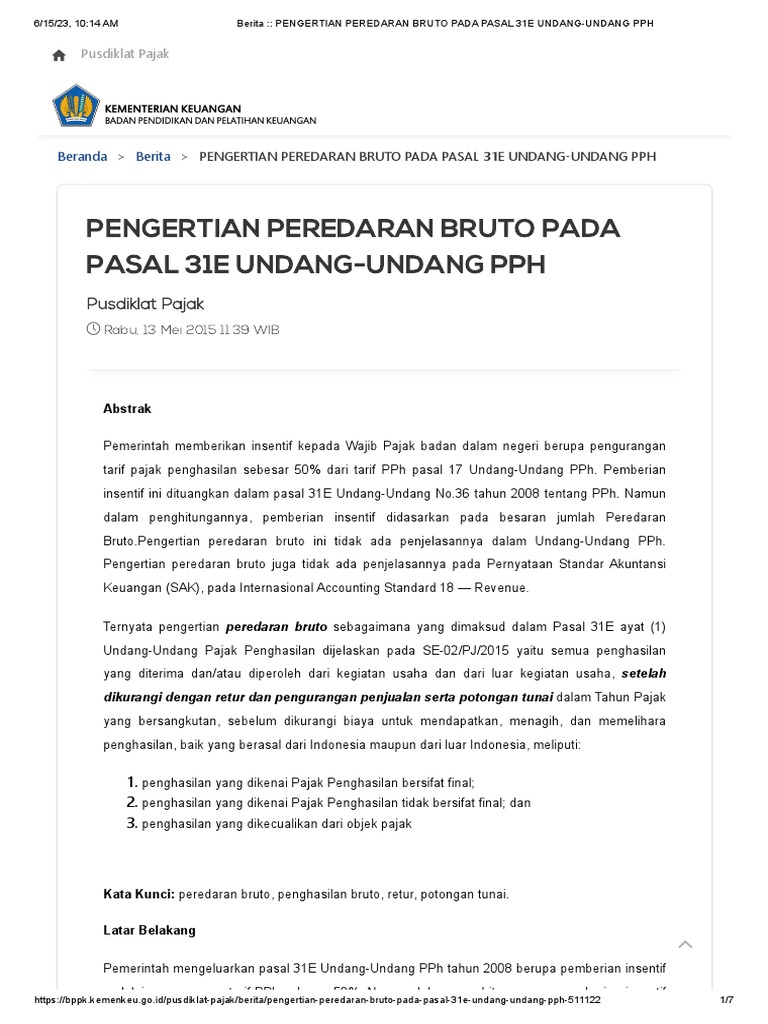 Definisi Peredaran Bruto Pasal 31E PPh | PDF