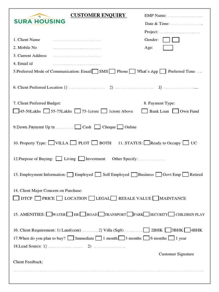 Customer Enquiry Form | Download Free PDF | Payments | Business