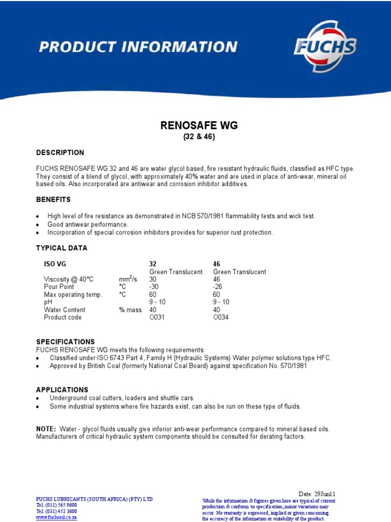 Fuchs Renosafe WG Fire-Resistant Fluids | PDF | Chemical Substances ...