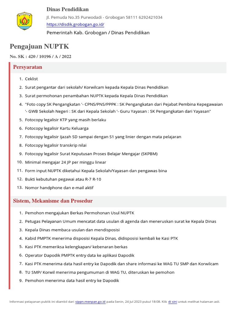 Unduh Standar Pelayanan Nuptk Grobogan | PDF