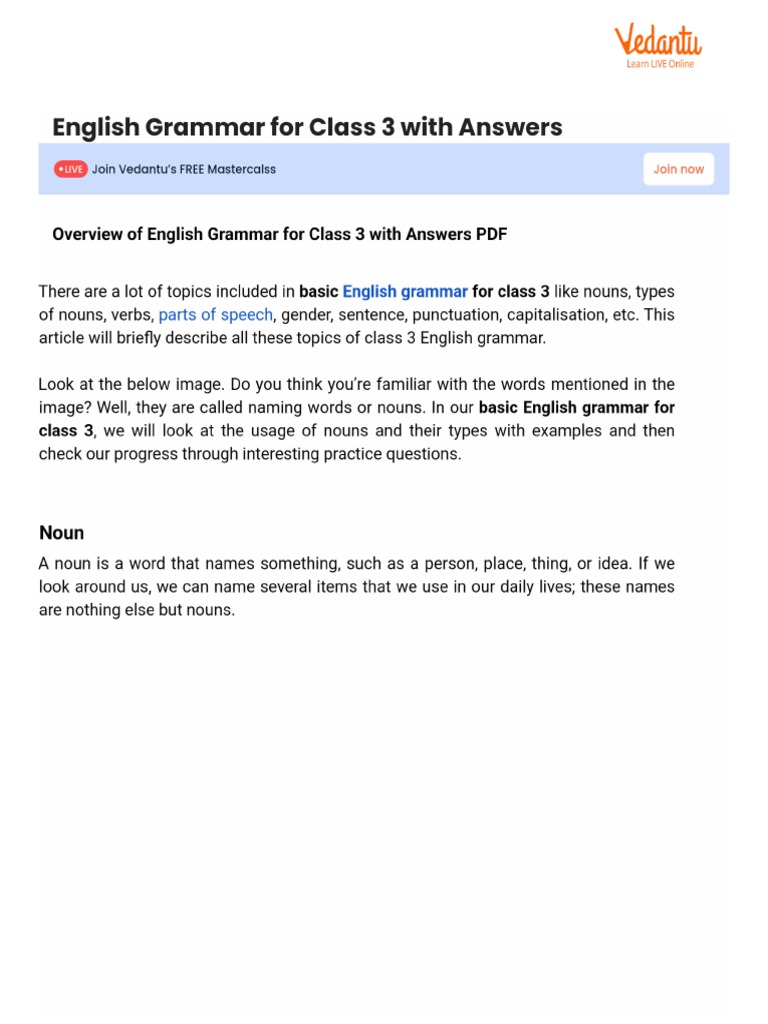 English Grammar For Class 3 With Answers | PDF