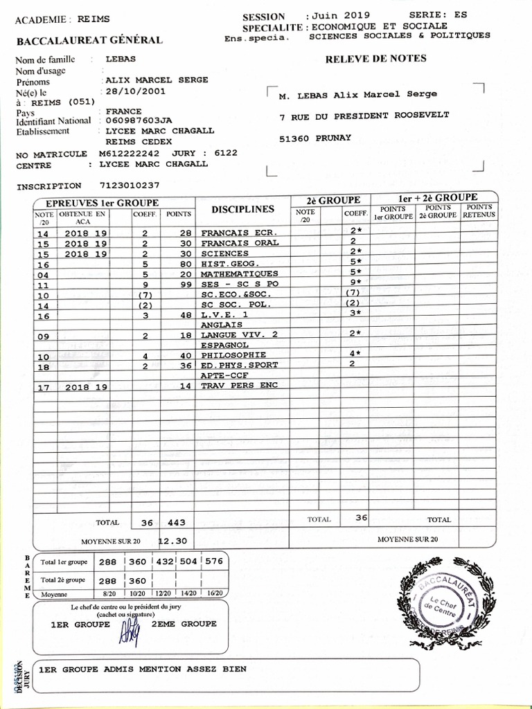 Relevé Notes Bac | PDF Relevé Notes Bac | PDF