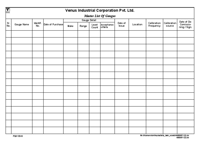 01B. FQ01B-00 Master List of Gauges | PDF