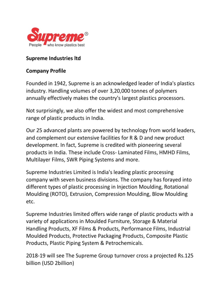 Supreme Industries Ltd Company Overview | PDF