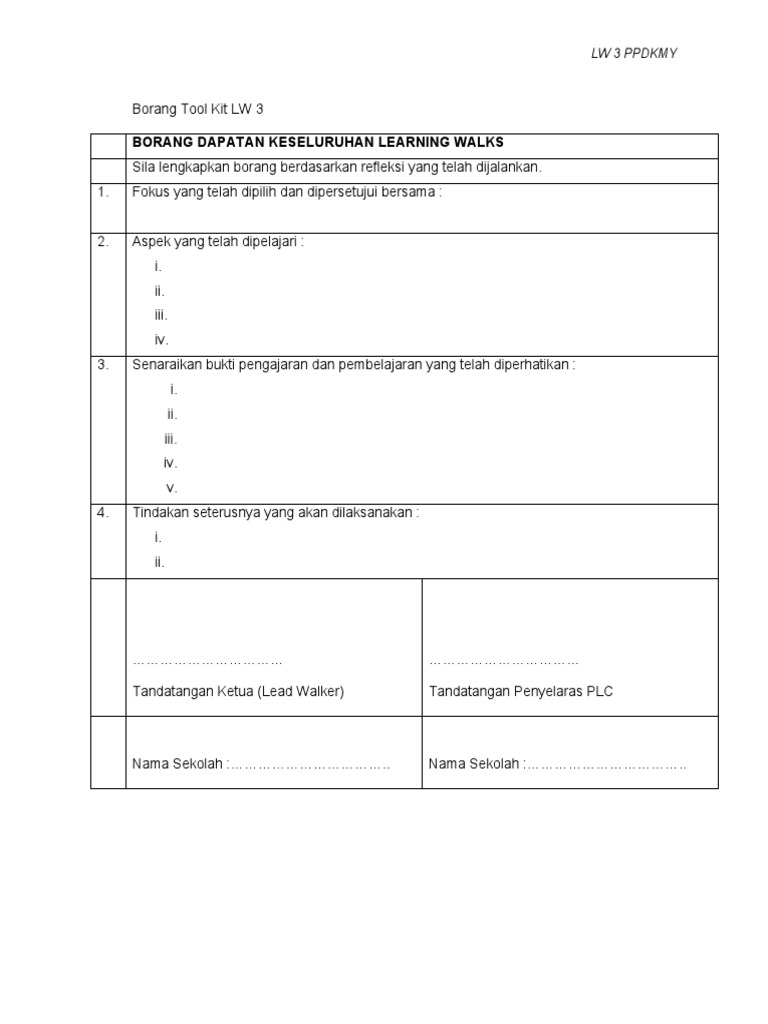Borang Dapatan Keseluruhan Learning Walks: LW 3 Ppdkmy | PDF