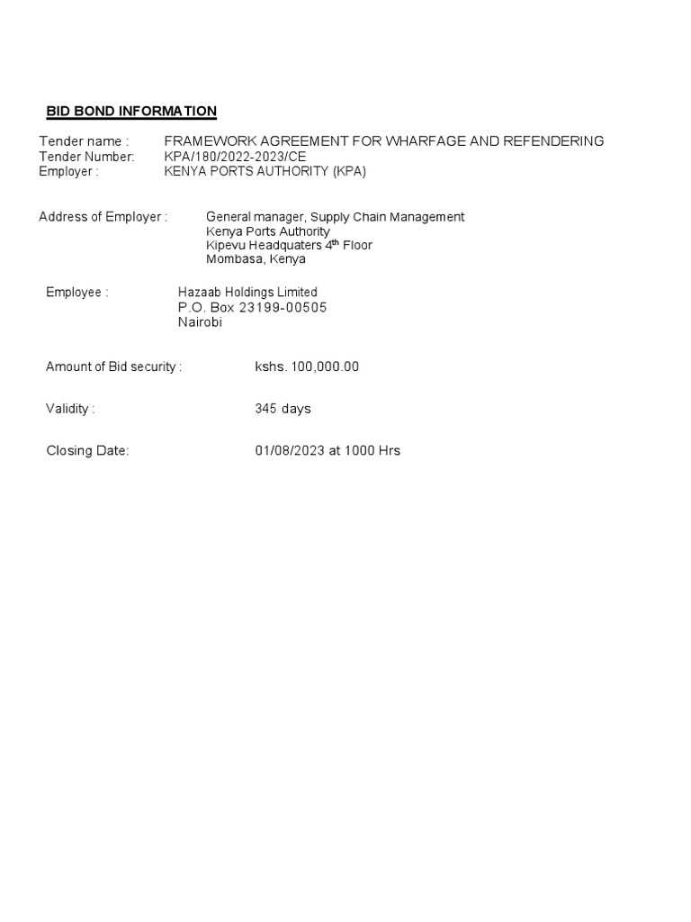 Bid Bond Info for Wharfage Tender KPA | PDF | Business | Computers