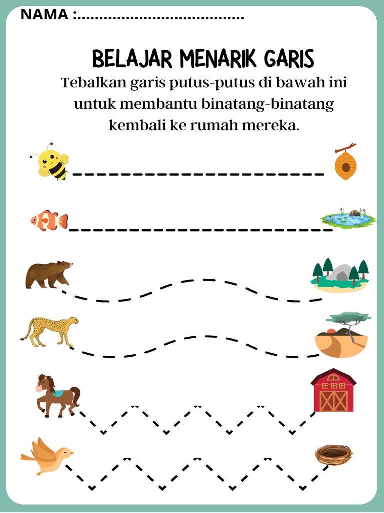 Hijau Ungu Warna-Warni Ilustrasi Belajar Menarik Garis Lembar Kerja ...