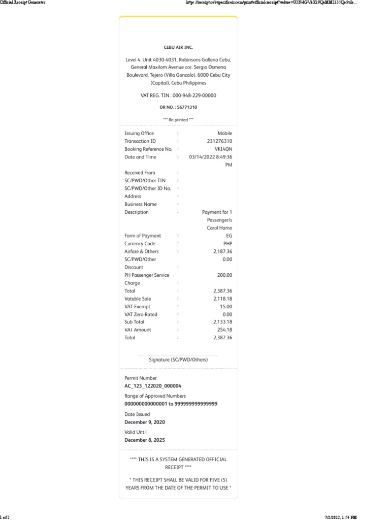 Cebu Pacific Official Receipt Guide | PDF | Receipt | Financial Services