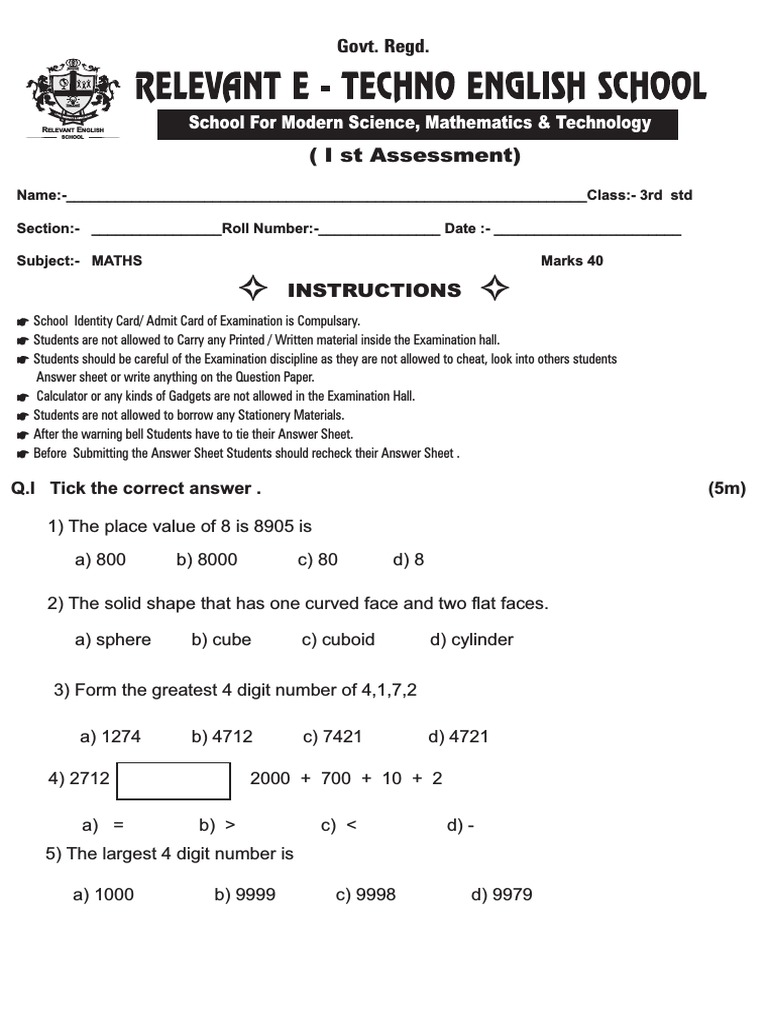 STD 3rd - Maths | Download Free PDF | Mathematics