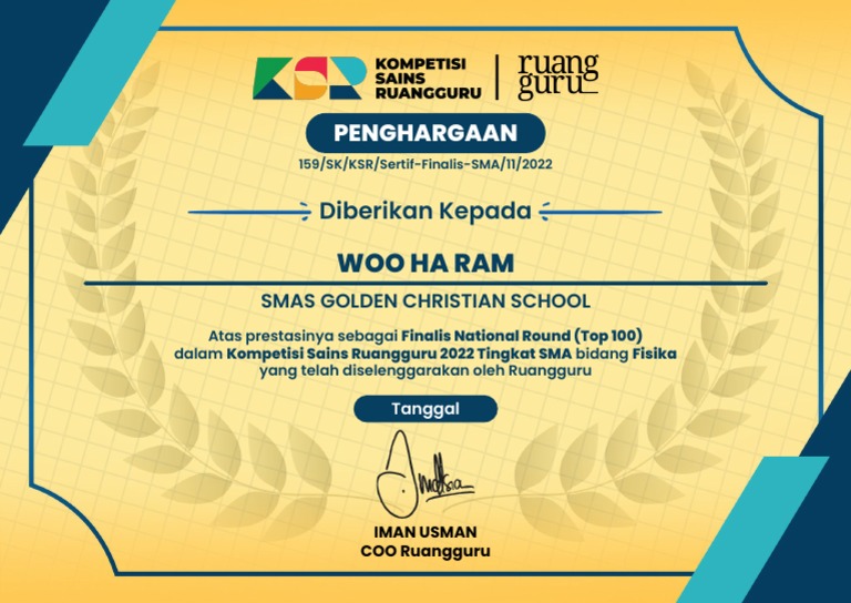 Woo Ha Ram - Sertifikat Finalis KSR 2022 | PDF