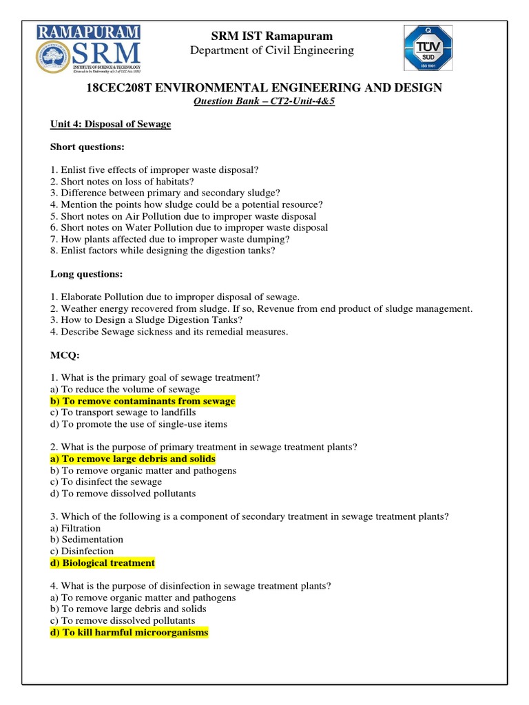 03 - 18CEC208T - ENVIRONMENTAL ENGINEERING AND DESIGN - QB - CT3 - Unit 4 and 5 | PDF | Waste ...