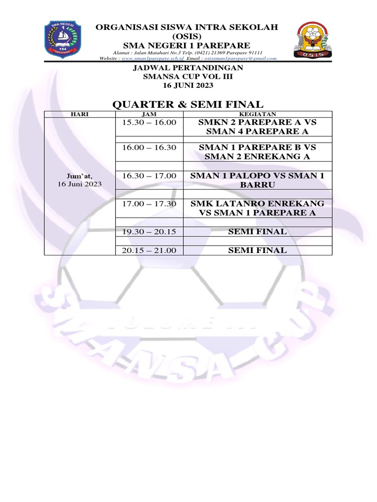Jadwal Quarter & Semi Final Smansa Cup Vol III | PDF