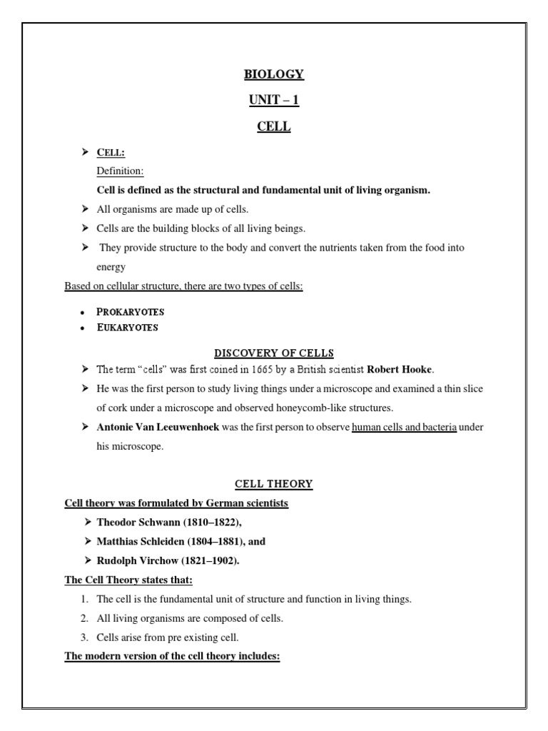 Unit 1 - Biology Notes | PDF | Cell (Biology) | Endoplasmic Reticulum