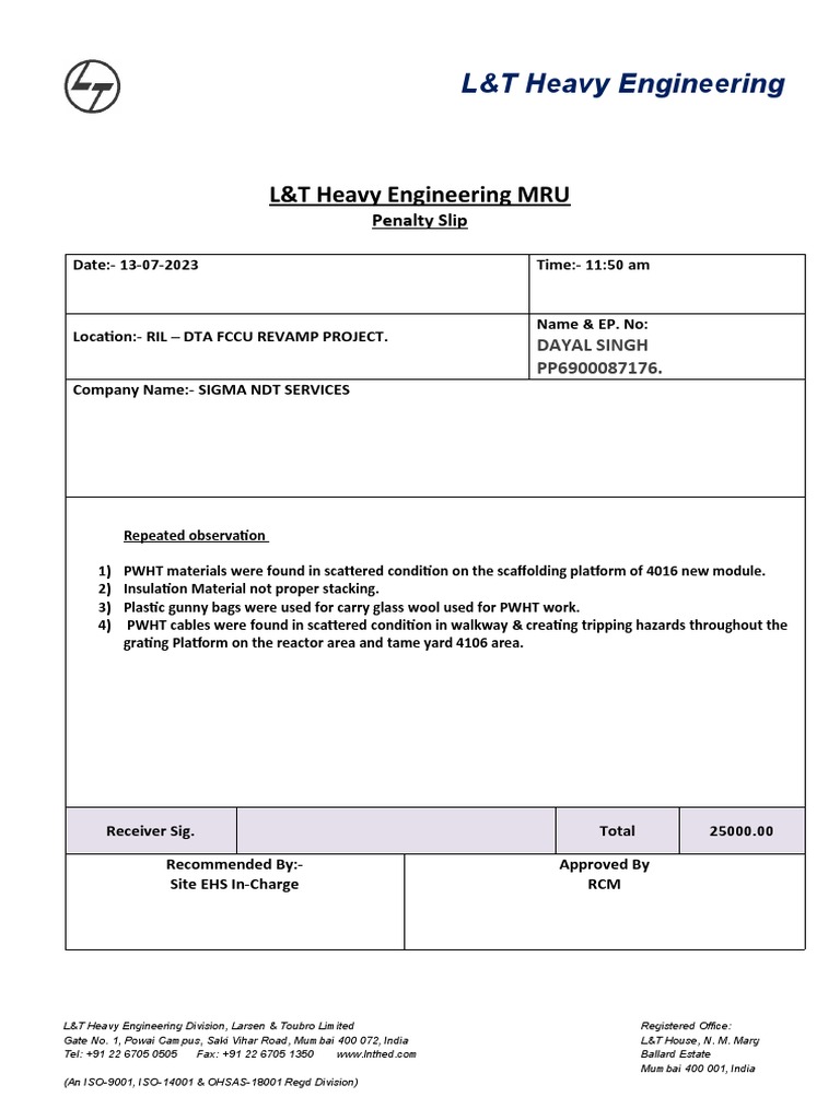 L&T Heavy Engineering Penalty Slip | PDF