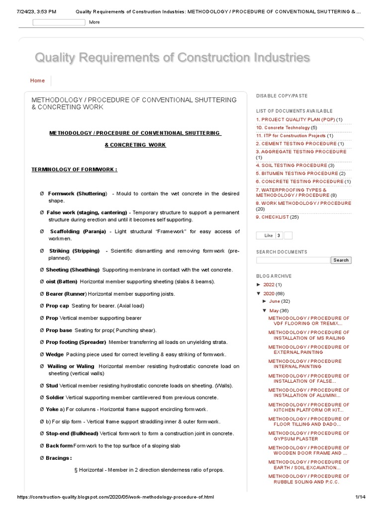 Procedure of Conventional Shuttering & Concreting Work | PDF | Concrete ...