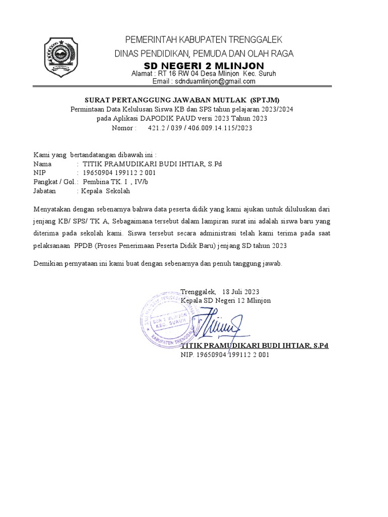 Data Kelulusan Siswa SD 2023 | PDF