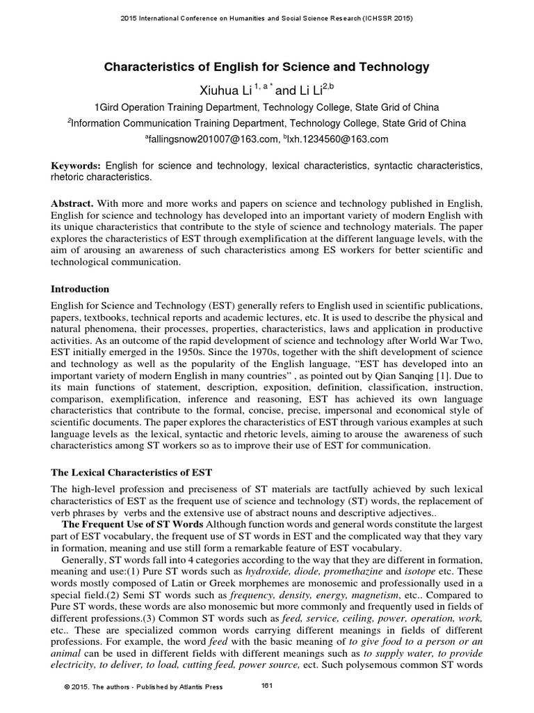 Characteristics of English For Science and Technology: Xiuhua Li and Li ...