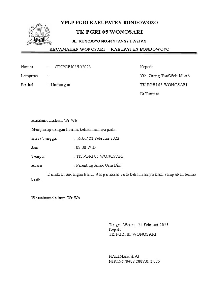 Undangan Parenting TK PGRI 05 | PDF