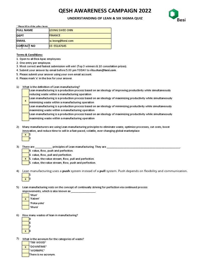 Quiz On Understanding of Lean & Six Sigma SC Leong | PDF | Six Sigma ...