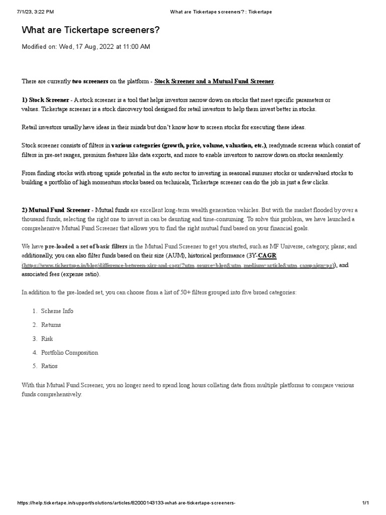 Overview of Tickertape Screeners | PDF