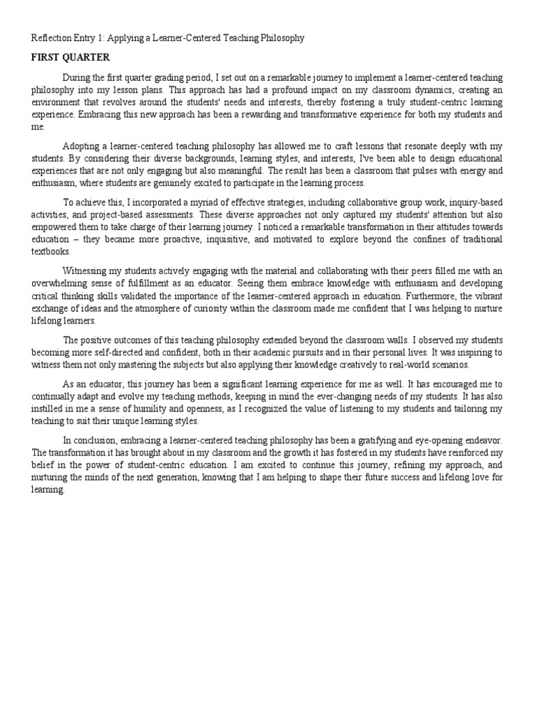 First Quarter Reflection | PDF | Learning | Project Based Learning