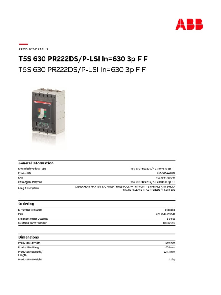1SDA054406R1 t5s 630 pr222ds P Lsi in 630 3p F F | PDF | Power (Physics ...