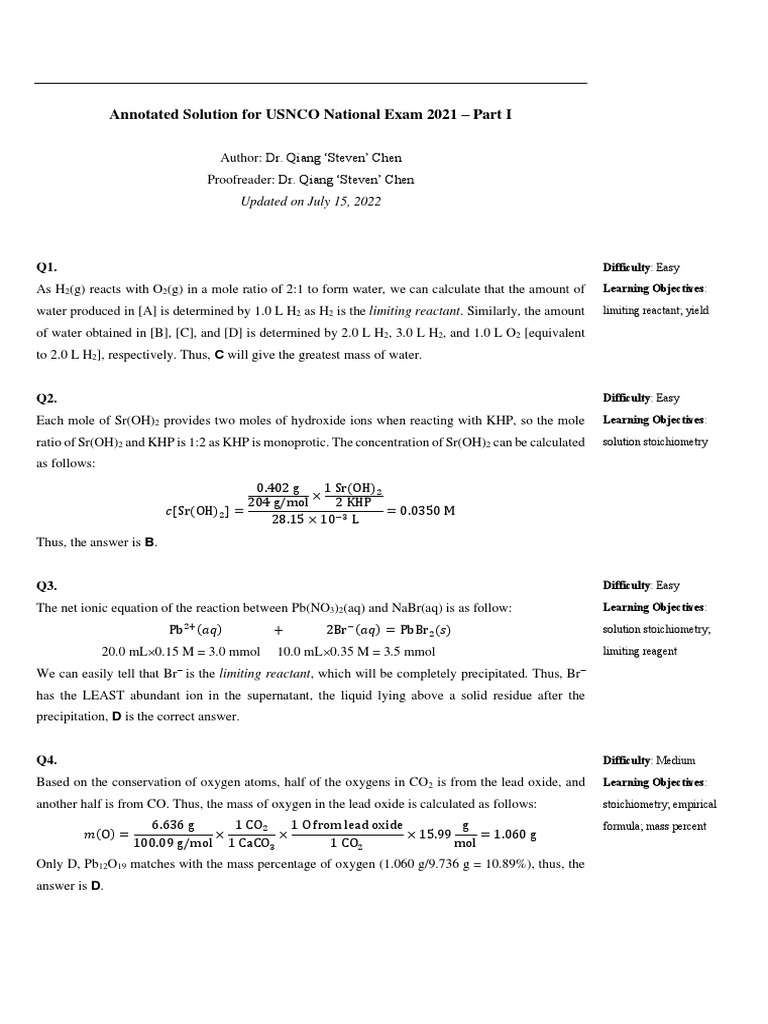 USNCO 2021 Exam Part I Solutions | PDF | Reaction Rate | Activation Energy