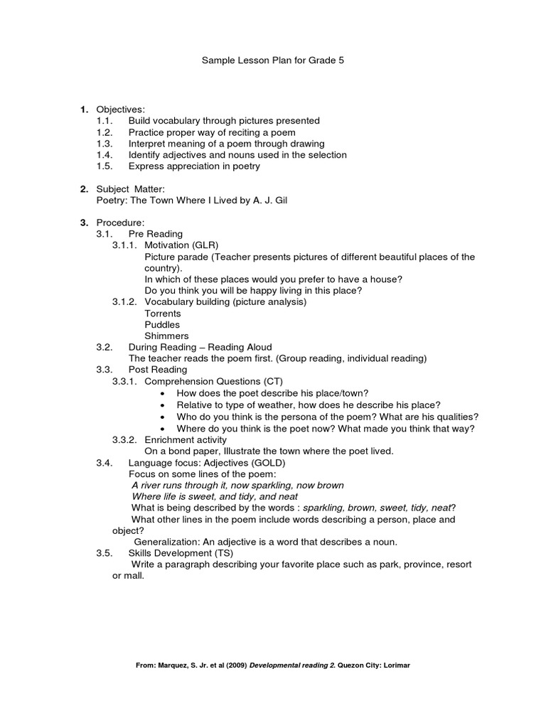 Grade 5 Poetry Lesson Plan | PDF
