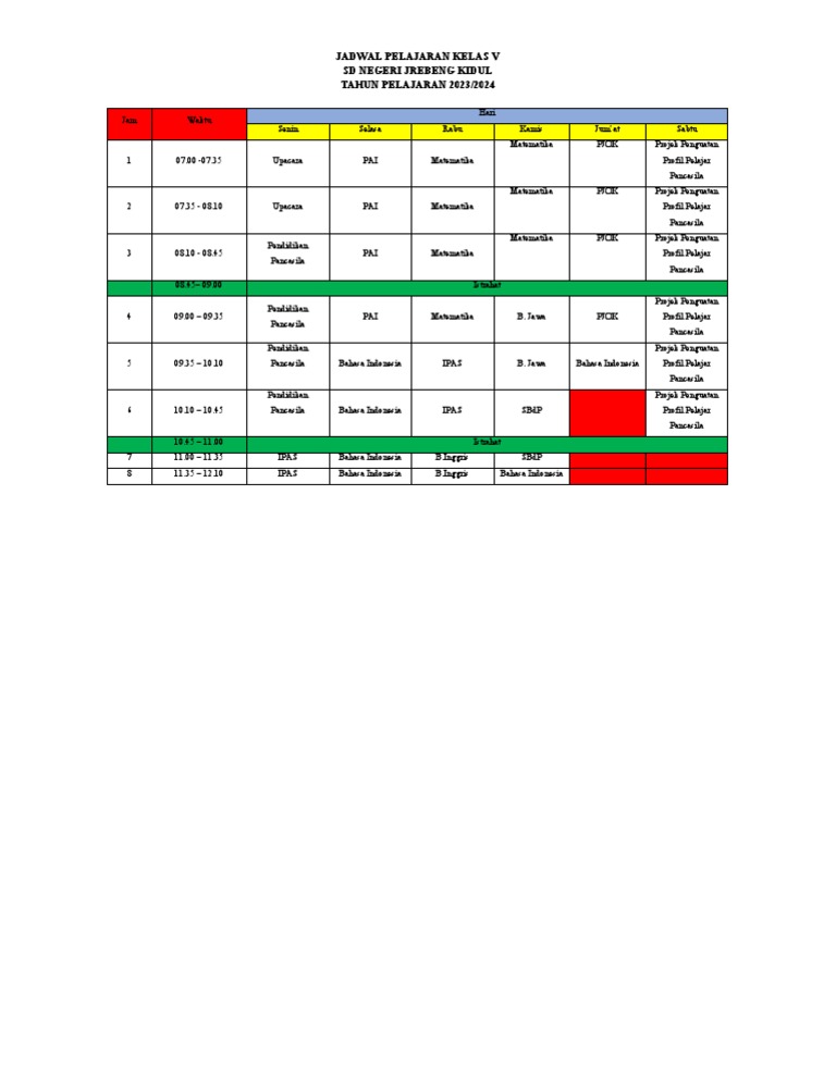 Jadwal Kelas V Kumer | PDF