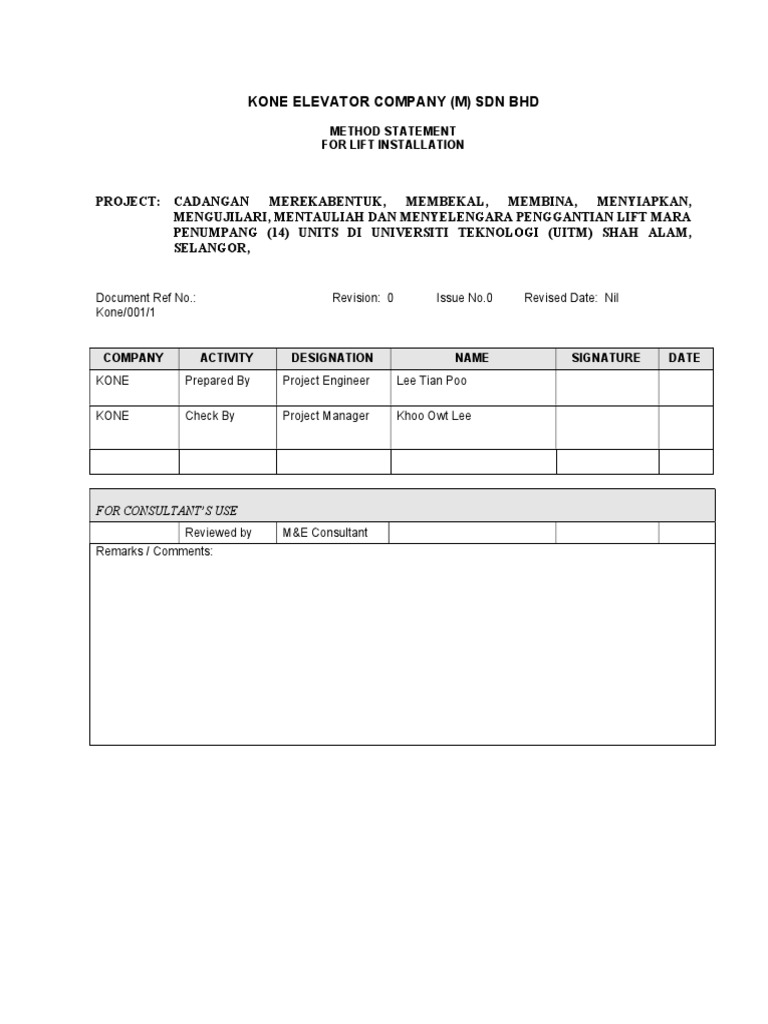 Method Statement For Lift Installation - UITM | PDF | Elevator | Door
