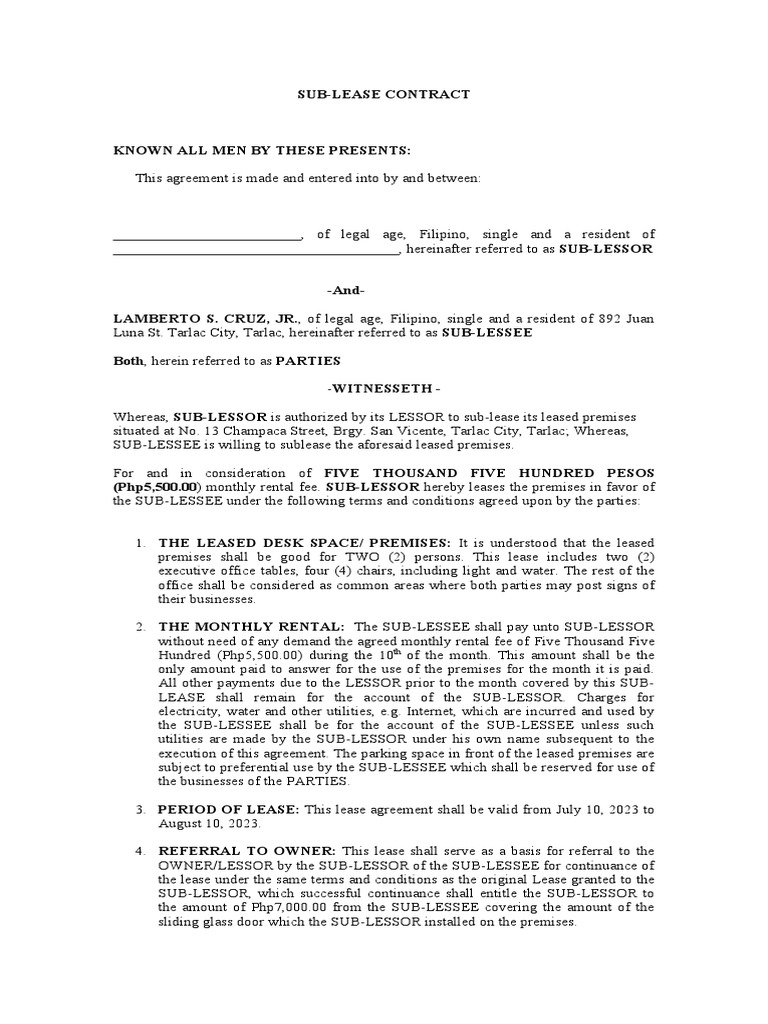 Sub-Lease Agreement with Lamberto Cruz | PDF | Lease | Legal Documents
