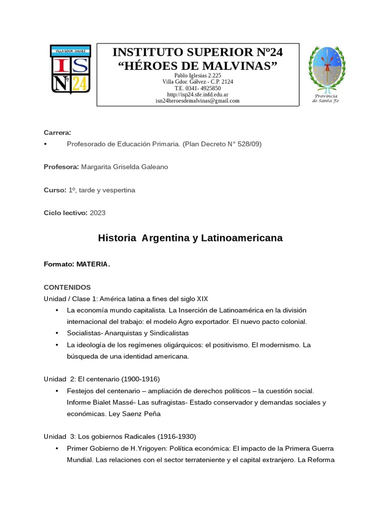 Programa de Examen Historia Arg y Lat Primaria 24 - 2023 | PDF | Argentina | America latina