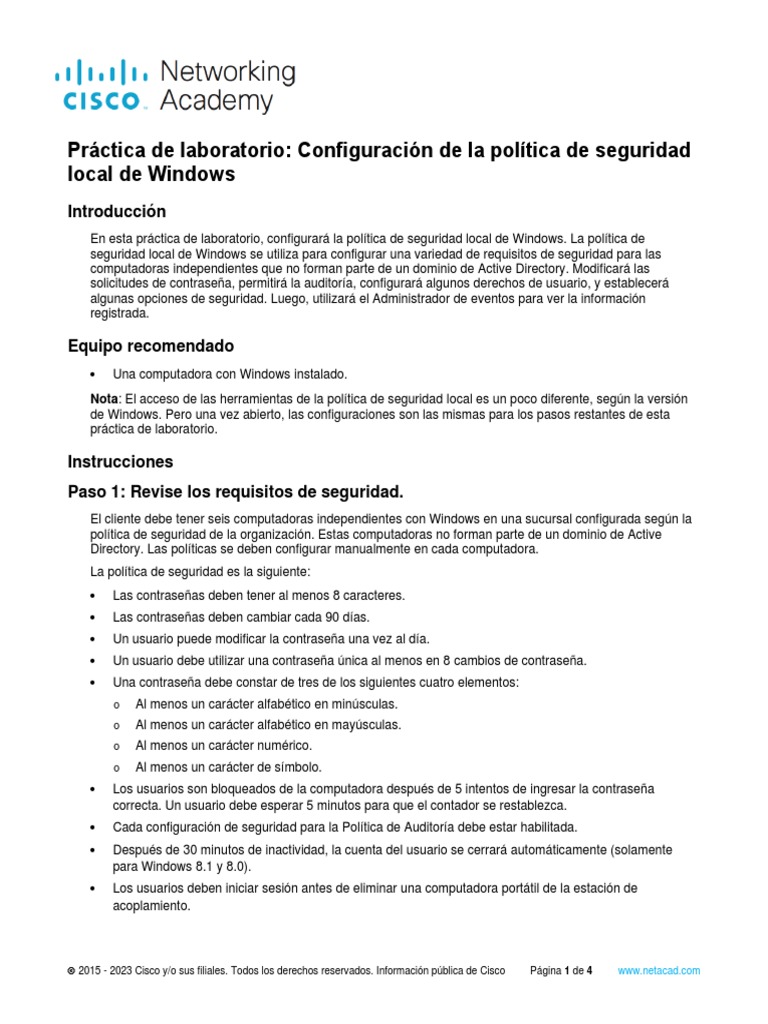 13.3.2.5 Lab - Configure Windows Local Security Policy | PDF | Contraseña | Usuario (informática)