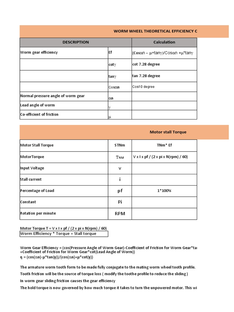 Worm Gear Efficiency and Motor Stall Torque Relation Calculation | PDF ...