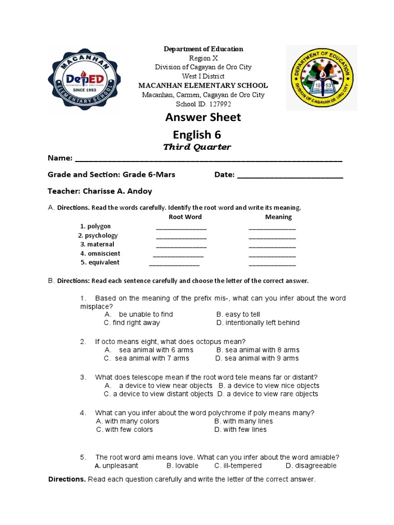 Answer Sheets For English 6 (Mars) (Third Quarter 2022 - 2023) | PDF