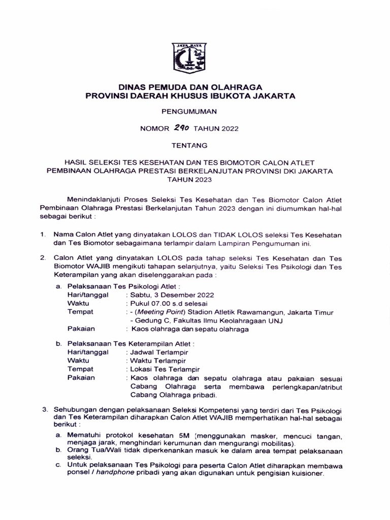 Hasil Seleksi Tes Kesehatan Dan Tes Biomotor Calon Atlet POPB 2023 | PDF